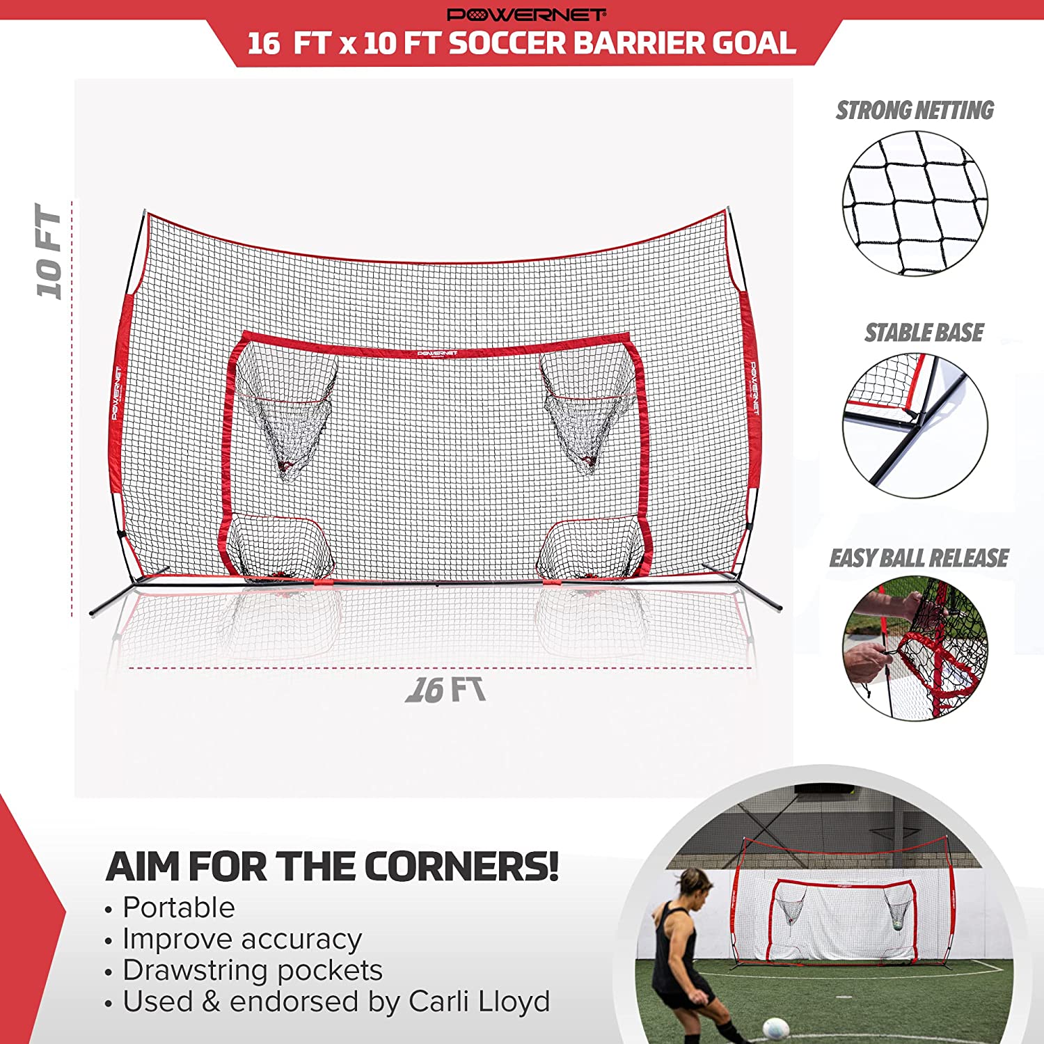 PowerNet Soccer Goal, 16x10 Ft Soccer Training Equipment Combo Barrier